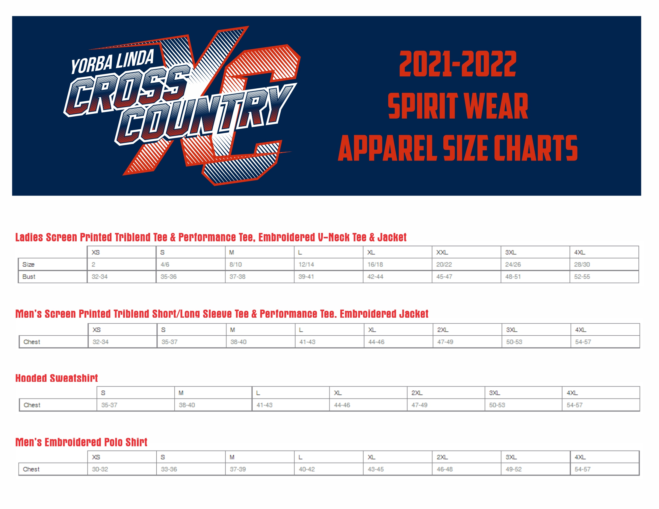 YLHS XC 2021-22 Spirit Wear Size Charts – YLHS CROSS COUNTRY